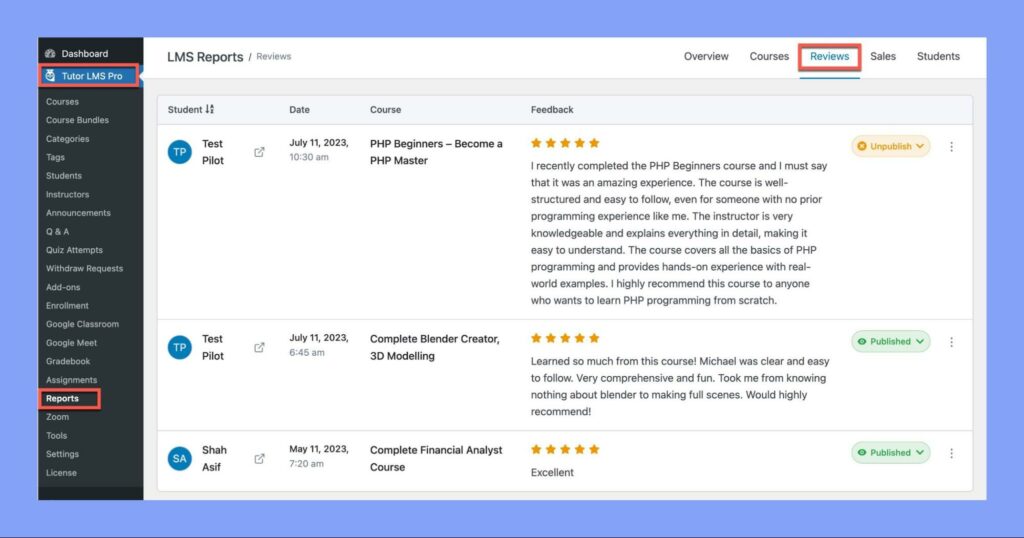 Documention | How to Approve and Manage Course Reviews in Tutor LMS
