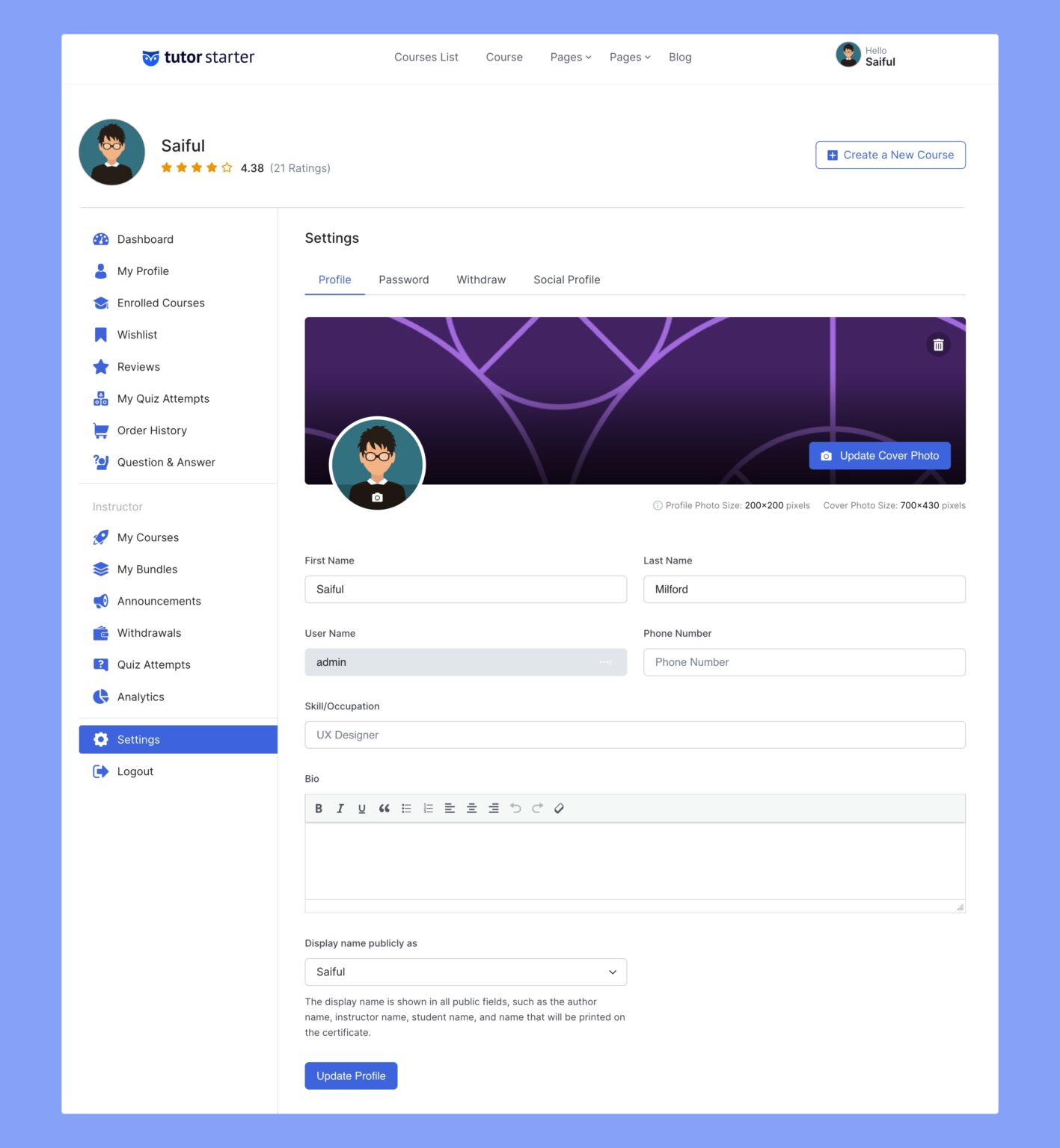Documention | Editing Instructor Profile using Frontend Dashboard