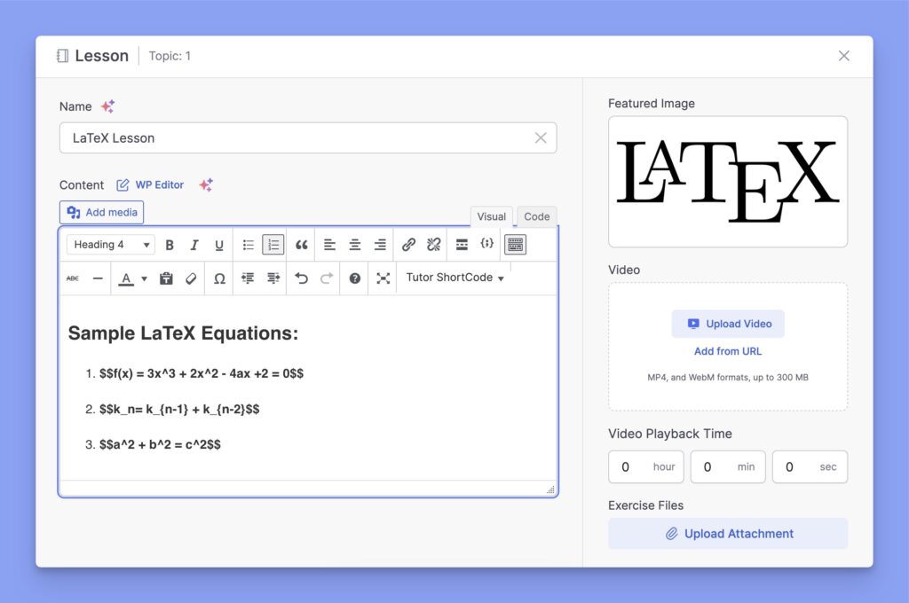 Documention | How to Add Math Equations in Tutor LMS using LaTex
