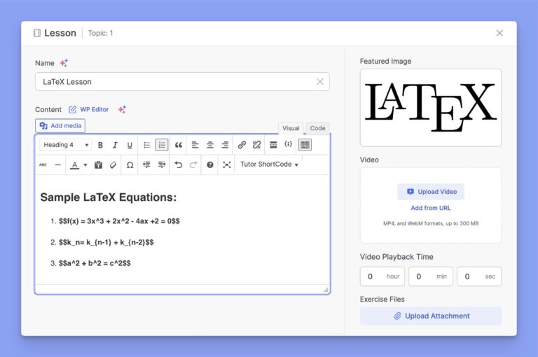 Documention | How to Add Math Equations in Tutor LMS using LaTex